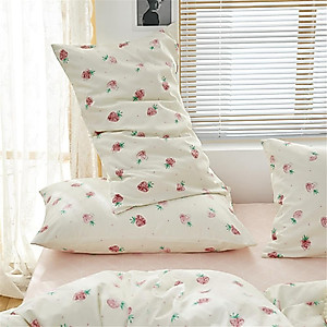 DREAMINGO Cute Strawberry Duvet Cover Full Cotton Girls Strawberry Bedding Set Kawaii Room Decor Lightweight Cute Bedding Comforter Cover with Zipper Ties Kids Teens Cute Aesthetic Bed Set Full
