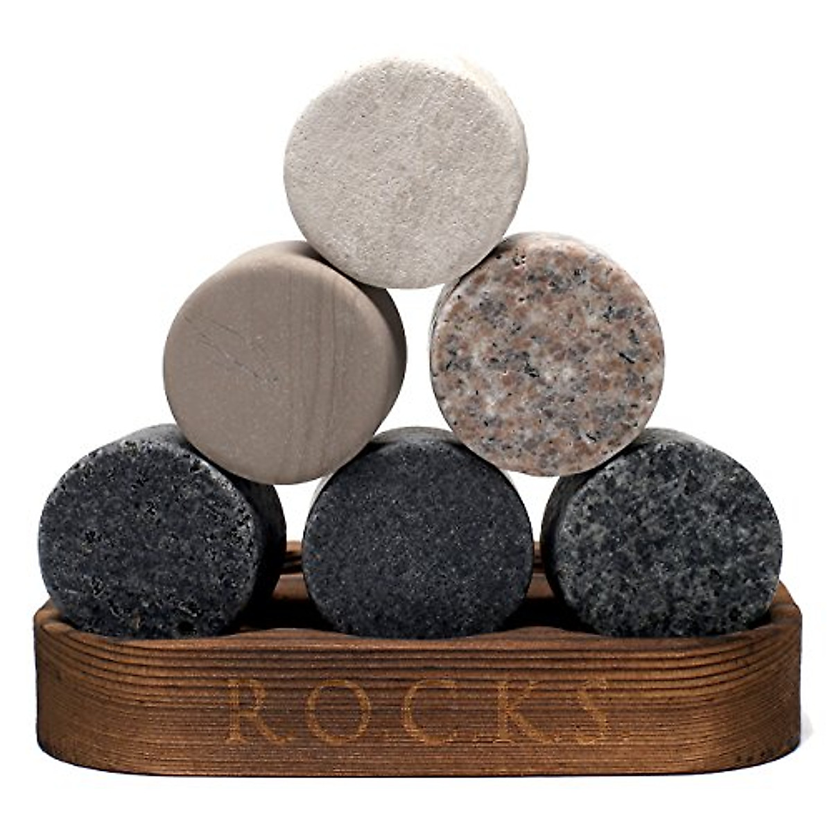 Whiskey Chilling Stones - Set of 6 Handcrafted Premium Granite Round Sipping Rocks - Hardwood Presentation & Storage Tray by R.O.C.K.S.