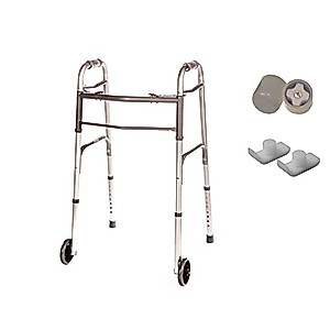 Walker Folding Deluxe 2 Button with Front 5" Wheels, Adjustable Height (Short, Standard, Tall People) by Healthline Trading