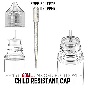 Chubby Gorilla 60ml V-3 Clear PET Plastic Unicorn Squeeze Bottle (10 Pack) Dropper bottle REUSABLE, Child Resistant Cap, Easy Drip Tip Applicator Dropper Bottles with Squeeze Dropper
