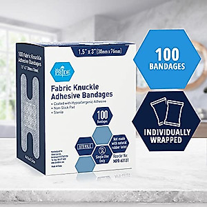 MED PRIDE Sterile Fabric Knuckle Adhesive Bandages [100 Count]- First Aid Finger Bandages Coated with Hypoallergenic Adhesive- Latex-Rubber Free Wound Care Bandages- Individual Wrapped- 1.5''x3''
