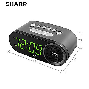 SHARP Digital Easy to Read Alarm Clock with 2 AMP High-Speed USB Charging Power Port - Charge Your Phone, Tablet with a high Speed Charge! Simple, Easy to Use Operation, Black – Green LEDs