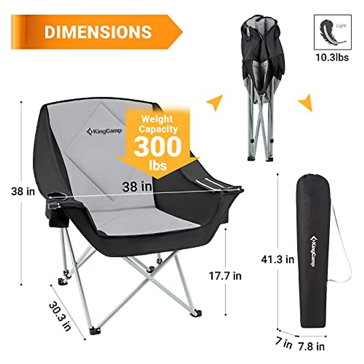 KingCamp Oversized Folding Camping Chair Outdoor Portable Bucket Chair Heavy Duty Extra Large XL Sofa Chair for Adults, Supports 300lbs with Cooler Bag for Sports, Festival, Yard