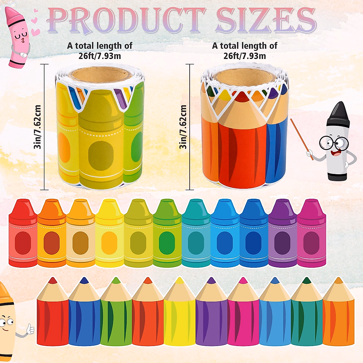 52ft Bulletin Board Border Decorations - 2 Rolls Rainbow Crayon Border Trim for School Classroom Chalkboard Bulletin Board Wall Window Door Decor