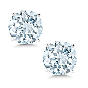 Gem Stone King 14K White Gold Sky Blue Aquamarine Stud Earrings For Women (1.50 Cttw, Gemstone Birthstone, Round 6MM)