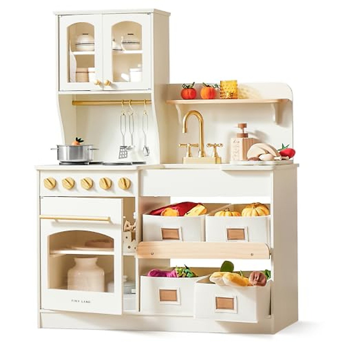 Tiny Land Play Kitchen for Kids, Wooden Play Kitchen with Toy Storage System, Toy Kitchen Set with Plenty of Play Features, Kids Play Kitchen Designed, Gift for Ages 3+