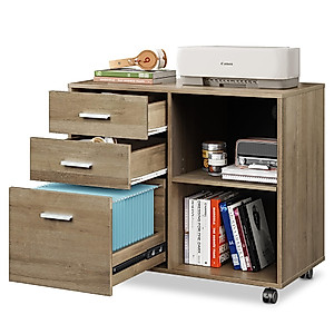 DEVAISE 3 Drawer Mobile File Cabinet, Wood Lateral Filing Cabinet, Printer Stand with Open Shelves for Home Office, Gray Oak