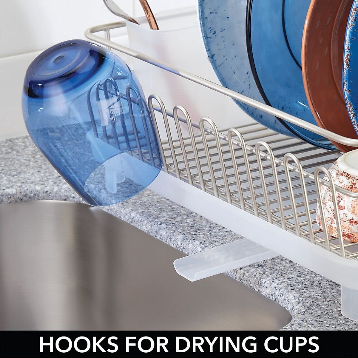 mDesign Large Metal Wire Kitchen Countertop, Sink Dish Drying Rack - Removable Plastic Cutlery Tray, Drainboard with Adjustable Swivel Spout - 3 Pieces - Satin/Clear Frost