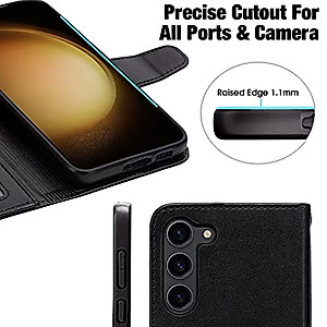 Lugege Compatible with Samsung Galaxy S23 5G Case Wallet Flip Folio Case [Kickstand] with RFID Blocking Card Holders [Shockproof] and Wrist Strap Phone Cover Black