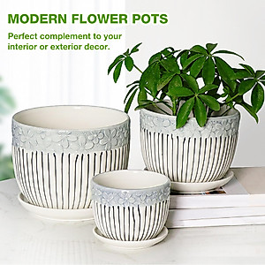 Hlukana Ceramic Plant Pots Set of 3, 6.75/5.6/4.2 inch Planters with Drainage Holes and Saucer, Flower Pots Outdoor Indoor, Modern Decorative Planters for House Plants Garden Planters Succulent Pots