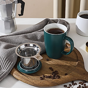 Candiicap Ceramics Tea Cup with Loose Leaf Infuser, Spoon and Lid, 13oz, Large Tea infuser Mug for Tea, Coffee, Milk-Microwave and Dishwasher Safe(13oz,Matte Green)