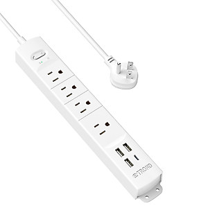 TROND Surge Protector Power Strip with USB, Ultra Thin Flat Plug 3ft Extension Cord 1625W, 3 USB A & 1 Type C, 4 AC Outlets 1440J Surge Protection Wall Mount for Home Office Dorm Room, White