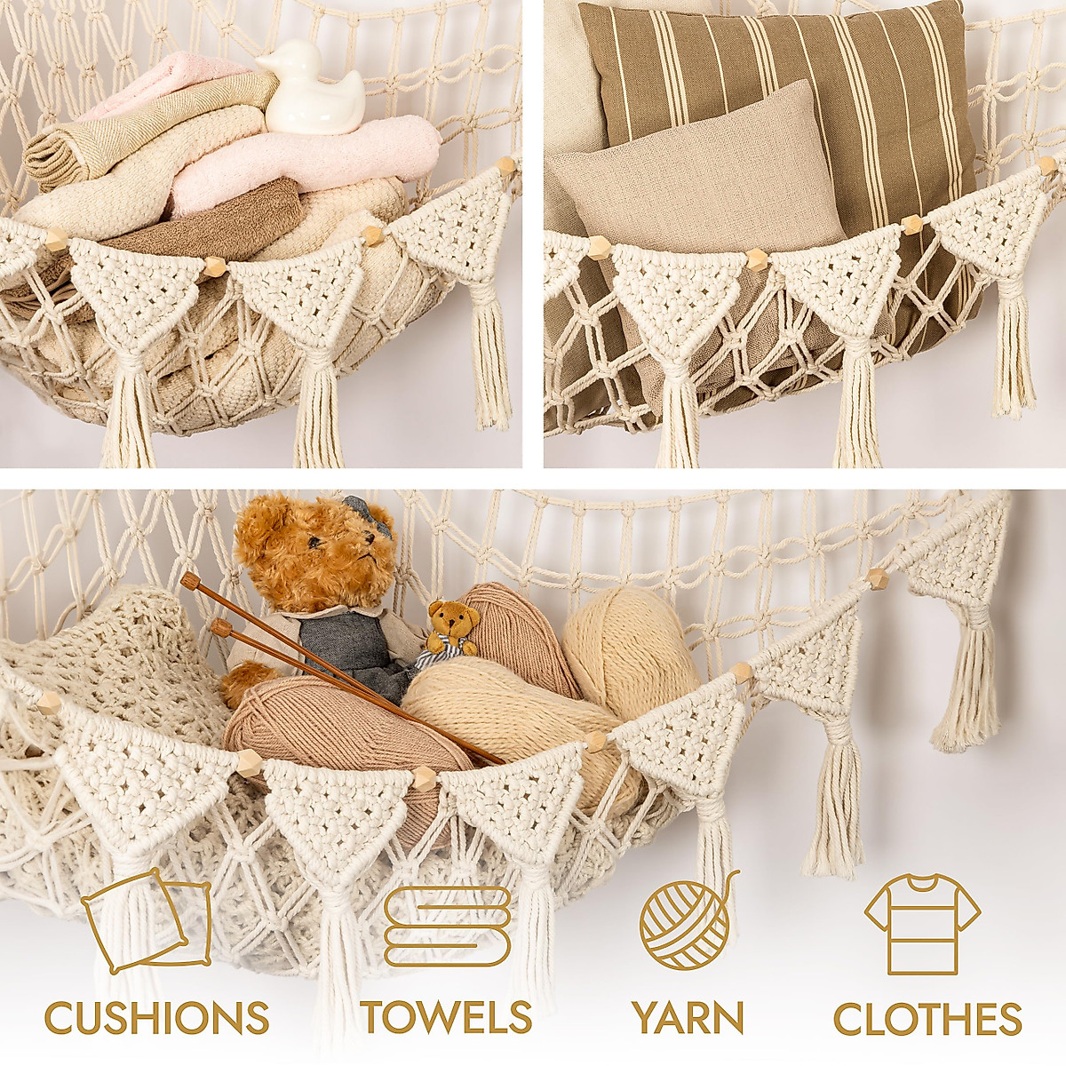 TIDYTEDS Snow White Macrame DreamLights Boho Stuffed Animal Storage Net for Stuffed Animals (Extra Large) and Stuffed Animal Net or Hammock for Small Stuffed Animals or Plushies. Pure Cotton