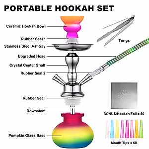 2 Hose Hookah Set 11'' Small Shisha Hookah Set With Mini Pumpkin Glass Vase, Ceramic Bowl, Leather Hose, Coal Tong, Hookah Foil, Disposable Tips (Colorful)