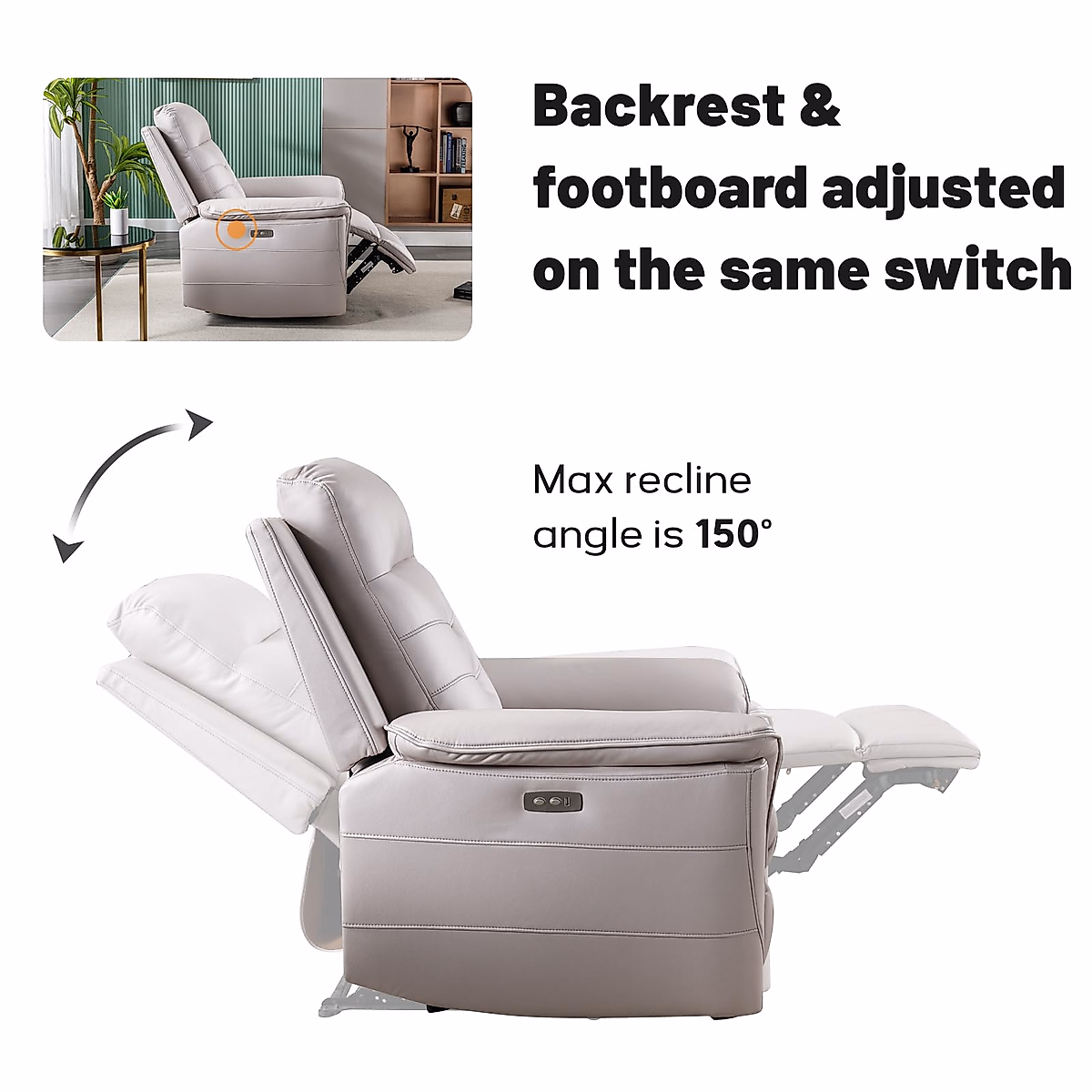 ANJ Power Recliner Chair, Modern Stripes Electric Recliners with USB Port, Upholstered Faux Leather Single Reclining Sofa Chair for Nursery Living Room Bedroom(Light Grey)