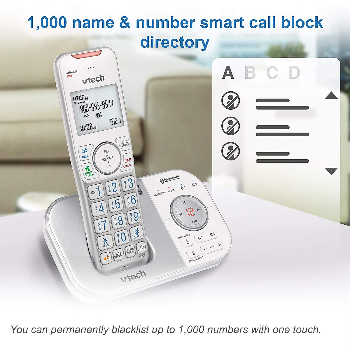 VTech VS112-27 DECT 6.0 Bluetooth 2 Handset Cordless Phone for Home with Answering Machine, Call Blocking, Caller ID, Intercom and Connect to Cell (White)