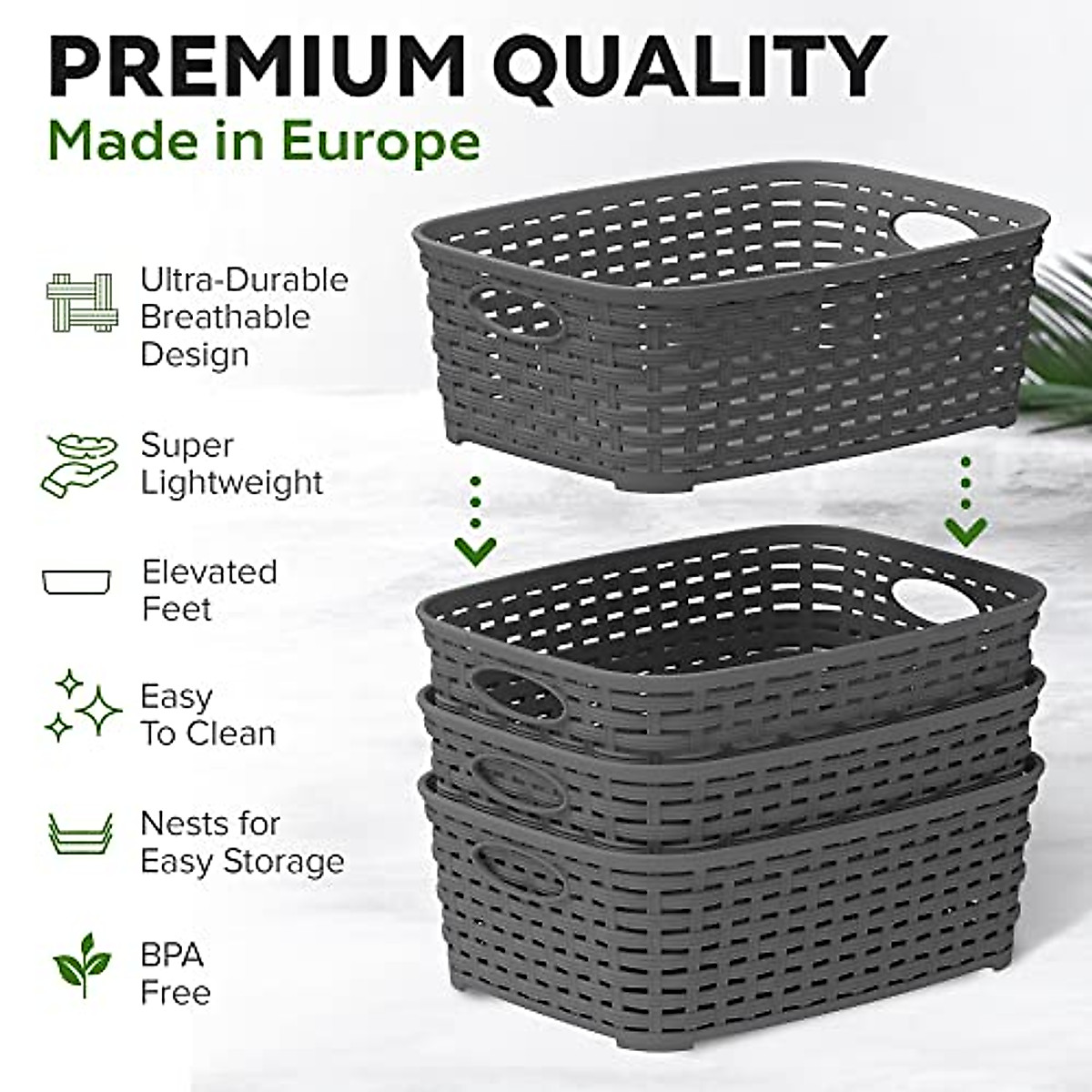 European Made Plastic Storage Bins, Heaviest Duty, Household Organizers for Bathrooms, Bedrooms, Kitchens, Laundry Room, Cabinets, Shelves, 4 Pk, Dark Grey