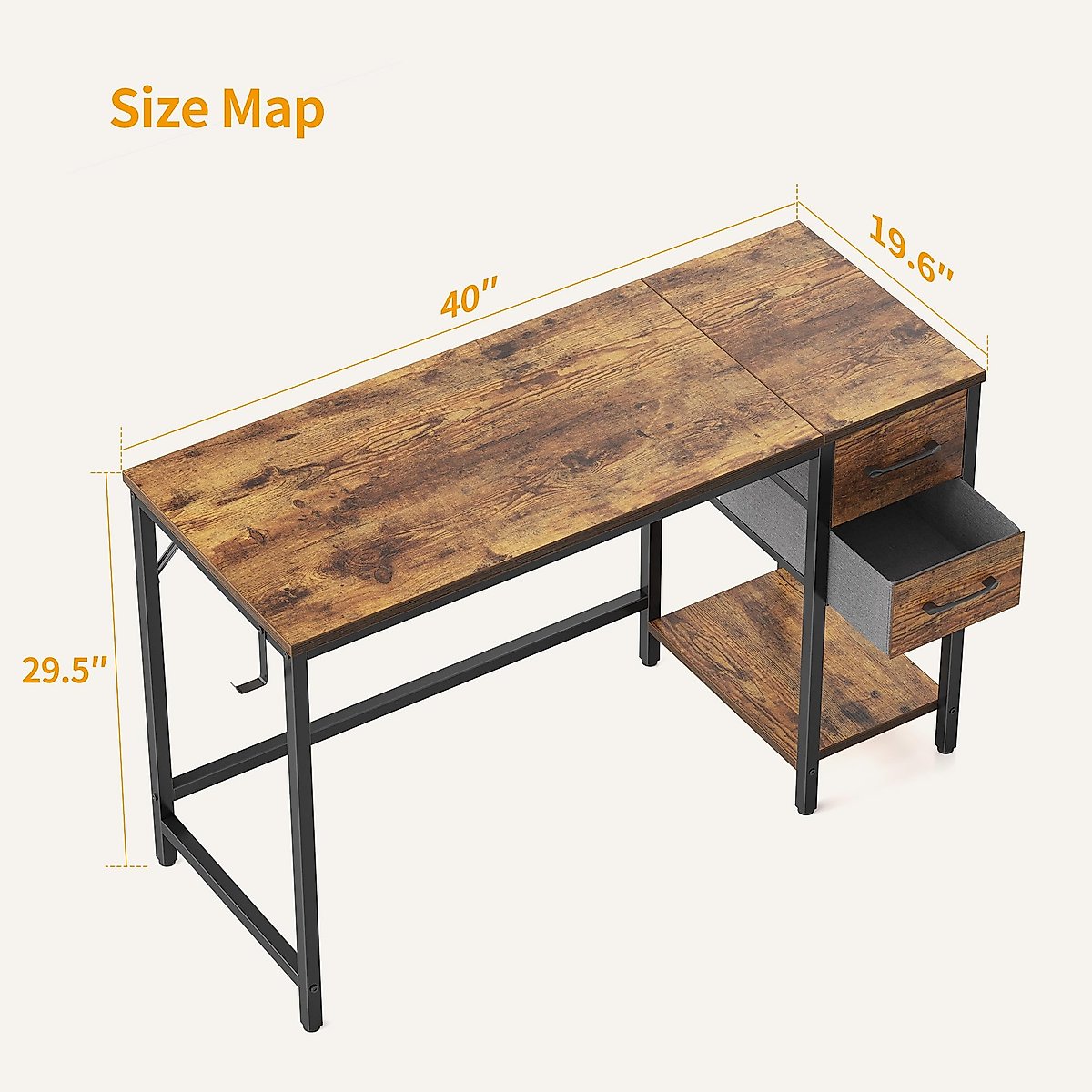 CubiCubi Computer Home Office Desk with 2 Drawers, 40 Inch Small Desk Study Writing Table, Modern Simple PC Desk, Rustic Brown