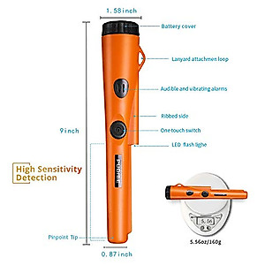 Pinpoint Metal Detector Pinpointer - Fully Waterproof with Orange Color Include a 9V Battery 360 Search Treasure Pinpointing Finder Probe with Belt Holster for Adults and Kids(Three Mode)