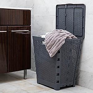 Mind Reader 61L Foldable Laundry Hamper, Clothes Basket, Lid, Wicker Design, Plastic, 18"L x 14.5"W x 21.25"H, Gray
