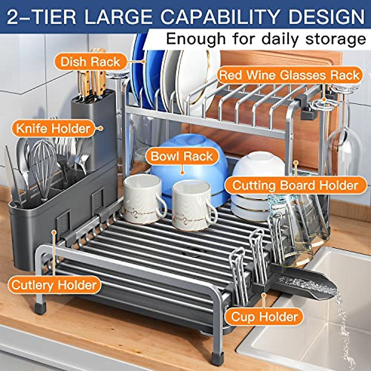 Dish Drying Rack, Aluminum 2-tier Multifunctional 7-in-1 Dish Racks for Kitchen Counter with Drainboard, Rustproof Detachable Large Capacity Dish Drainer with Wine Glass Holder, Utensil&knife Holder