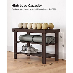 SONGMICS Shoe Rack Bench, 3-Tier Bamboo Shoe Storage Organizer, Entryway Bench, Holds Up to 286 lb, for Entryway Bathroom Bedroom, Brown ULBS04Z