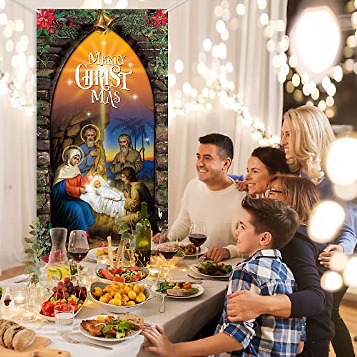 Tatuo Christmas Decoration Outdoor Christmas Religious Door Cover Holy Nativity Front Door Hanging Backdrop Christmas Photography Background for Winter Xmas House Church Party Supplies, 70 x 35 Inch