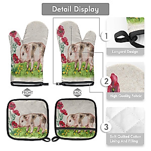 Cute Animal Pig Flower Oven Mitts and Pot Holders Sets of 2 Heat Resistant Non-Slip Kitchen Gloves Hot Pads with Inner Cotton Layer for Cooking BBQ Baking Grilling