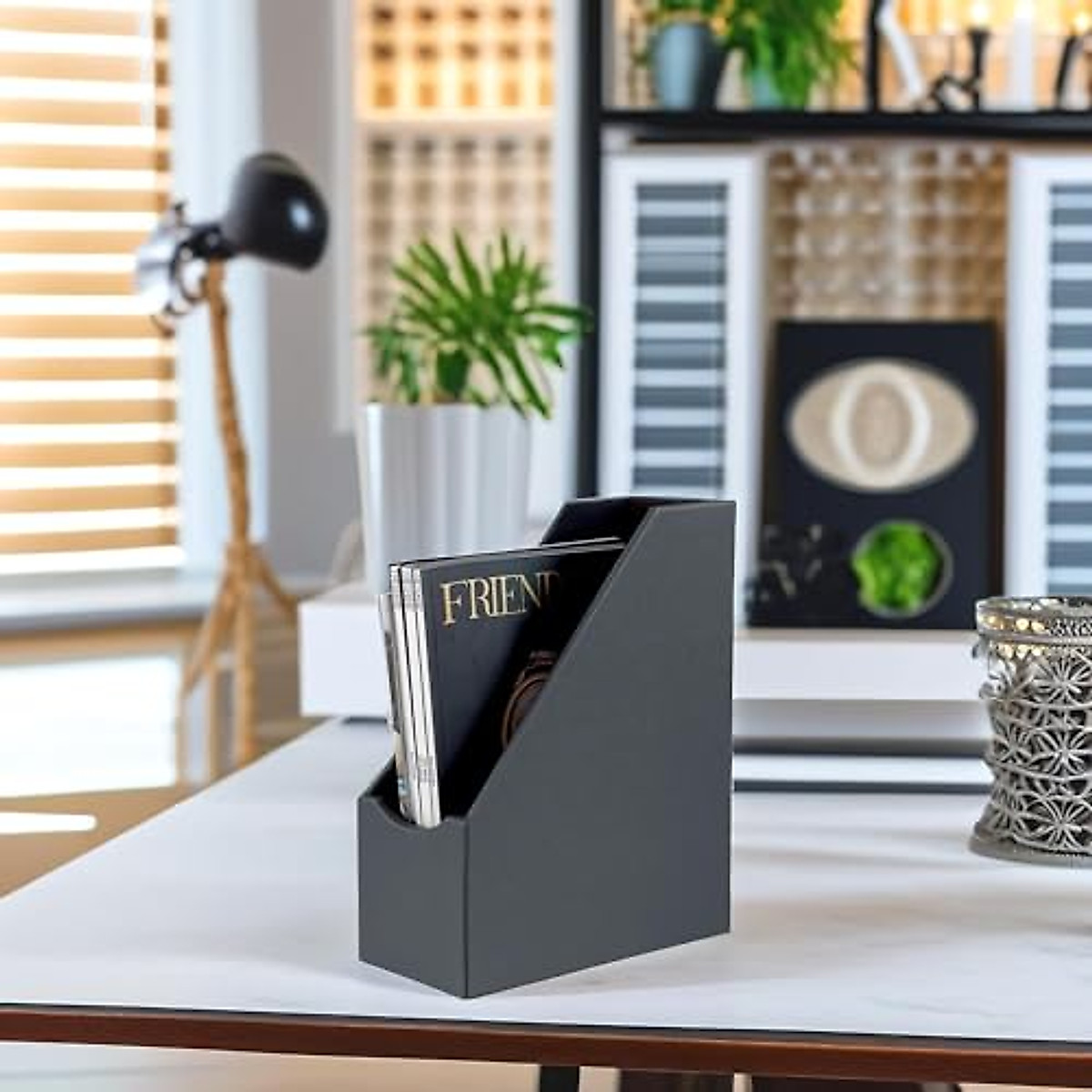 UnionBasic Magazine File Holder, Leatherette Desktop Document Organizer, Home Office Paper Holder File Storage Literature Sorter, Grey