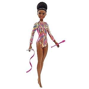 Barbie Rhythmic Gymnast Brunette Doll (12-in) with Colorful Metallic Leotard, 2 Clubs & Ribbon Accessory, Great Gift for Ages 3 Years Old & Up