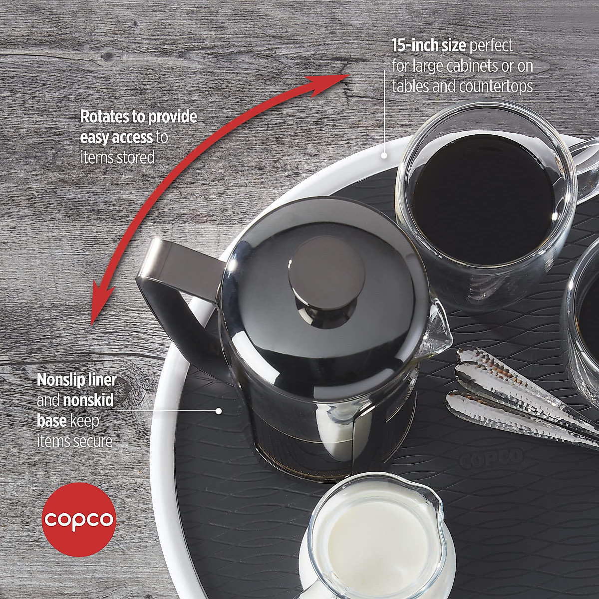 Copco Pro Non-Skid Pantry Cabinet Lazy Susan Turntable, 15-Inch, Charcoal