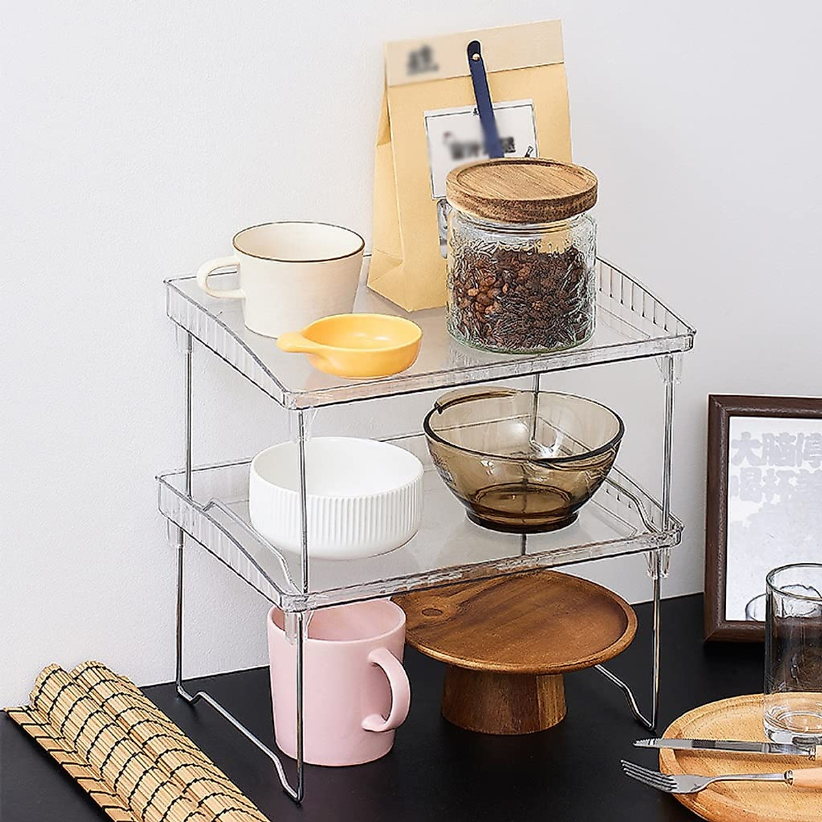 FOTOEV Stackable Shelves for Cabinets & Countertop - Storage Shelf Organizer Stand Racks- Foldable Shelves for Undersink, Kitchen Cabinets, Pantry, Countertops, Clear Acrylic