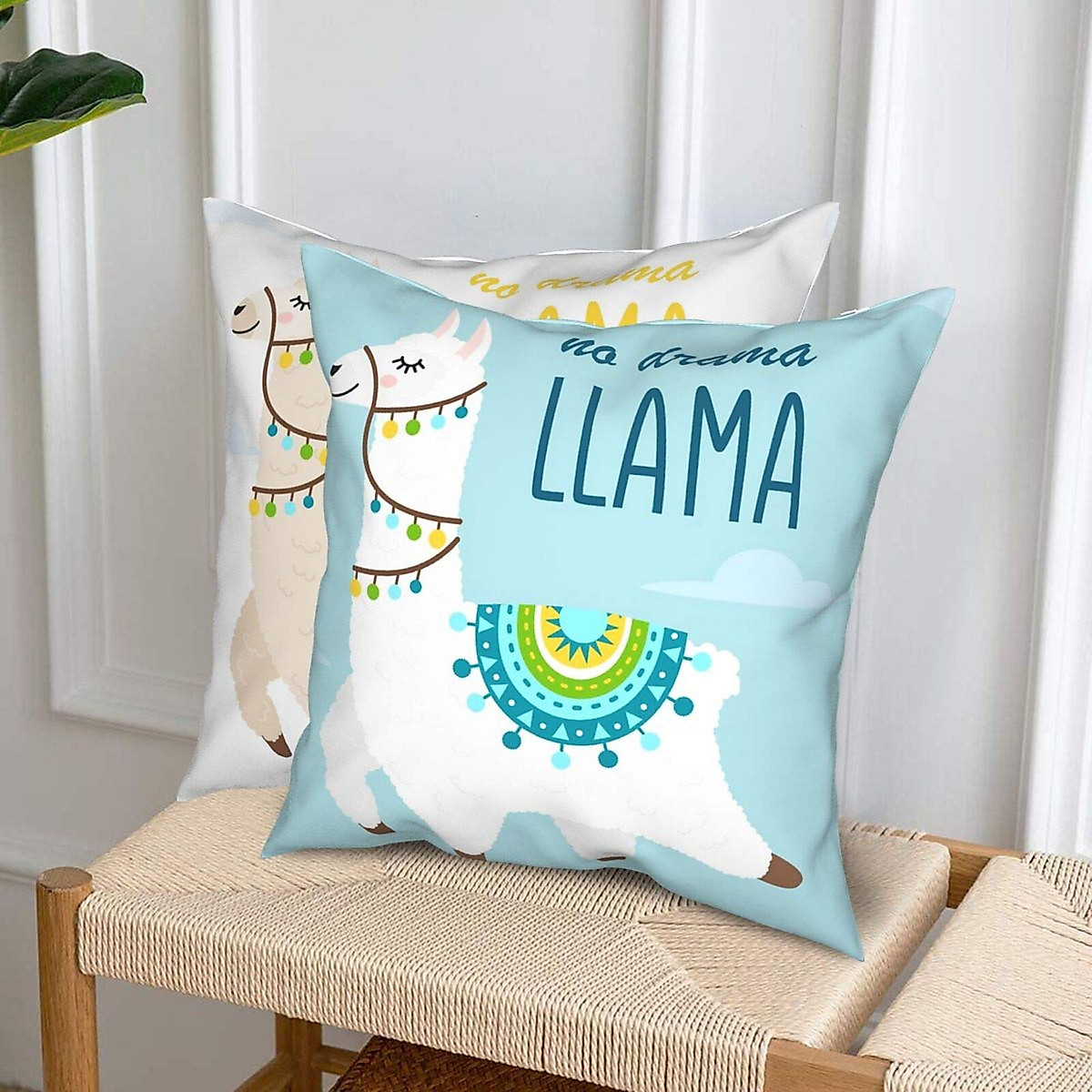 Cartoon Alpaca Throw Pillow Covers Set of 2 Cute Llama Pillow Covers Soft Pillowcase Home Decor Blue and Beige Pillow Covers Sofa Cushion Cover for Living Room Bedroom Garden 18x18 Inch