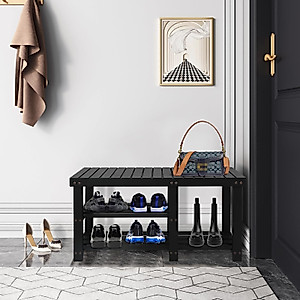 Babion Shoe Storage Bench, 3-Tier Shoe Rack for Entryway, Shoe Rack with Bench, Shoe Bench with Storage Shelf, Shoe Bench, Shoe Stand,Wooden Shoe Rack for Closet, Hallway, Living Room(Black)