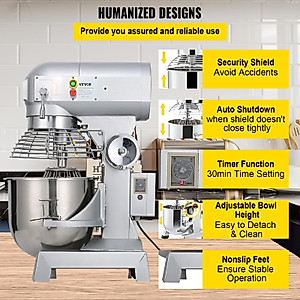 Happybuy 10Qt Commercial Food Mixer with Timing Function， Commercial Mixer 500W Stainless Steel Bowl Heavy Duty Electric Food Mixer Commercial with 3 Speeds Adjustable, Perfect for Bakery Pizzeria