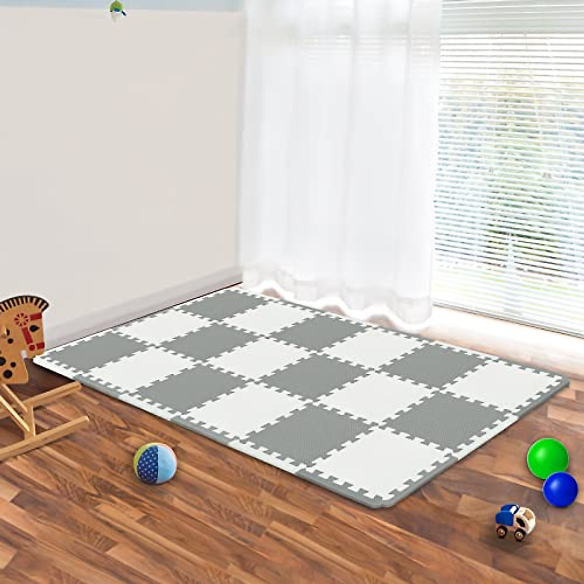 Yostrong 18 Tiles Interlocking Puzzle Foam Baby Play Mat with Straight Edges for Playing - EVA Babies Crawling Mat | Rubber Floor Work out Mats for Home Gym. White, Gray. YOC-ALb18S18