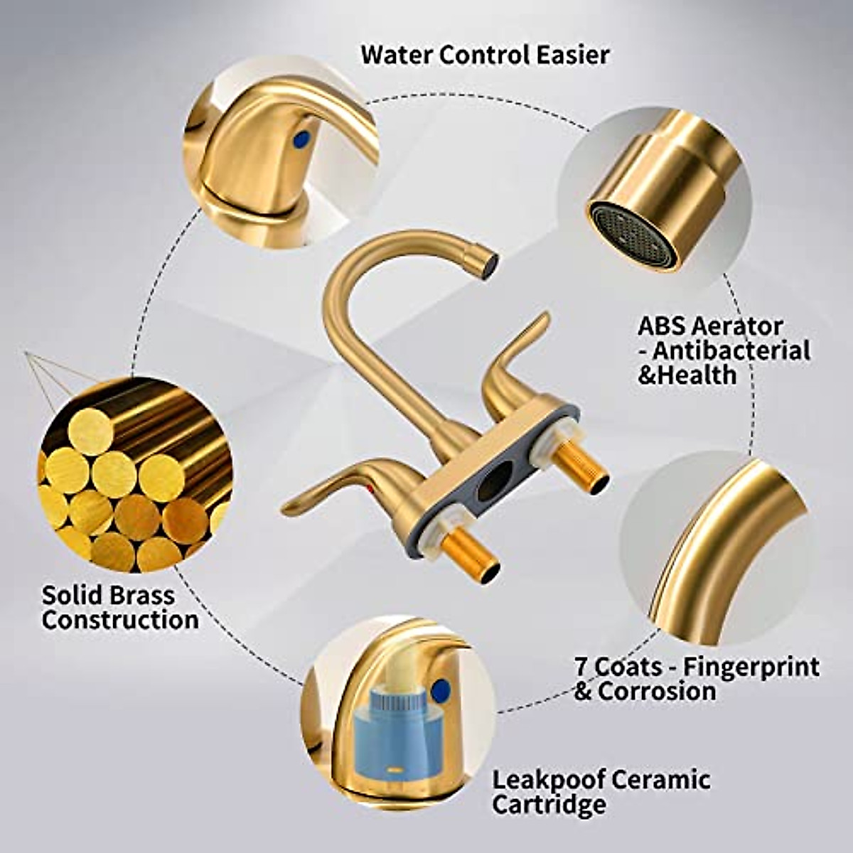 Bathroom Sink Faucet with Pop-up Drain Assembly, Brushed Gold Bathroom Faucet 2-Handle for 4 Inch Sink，Modern Centerset Bathroom Faucet with Supply Hose Lead-Free