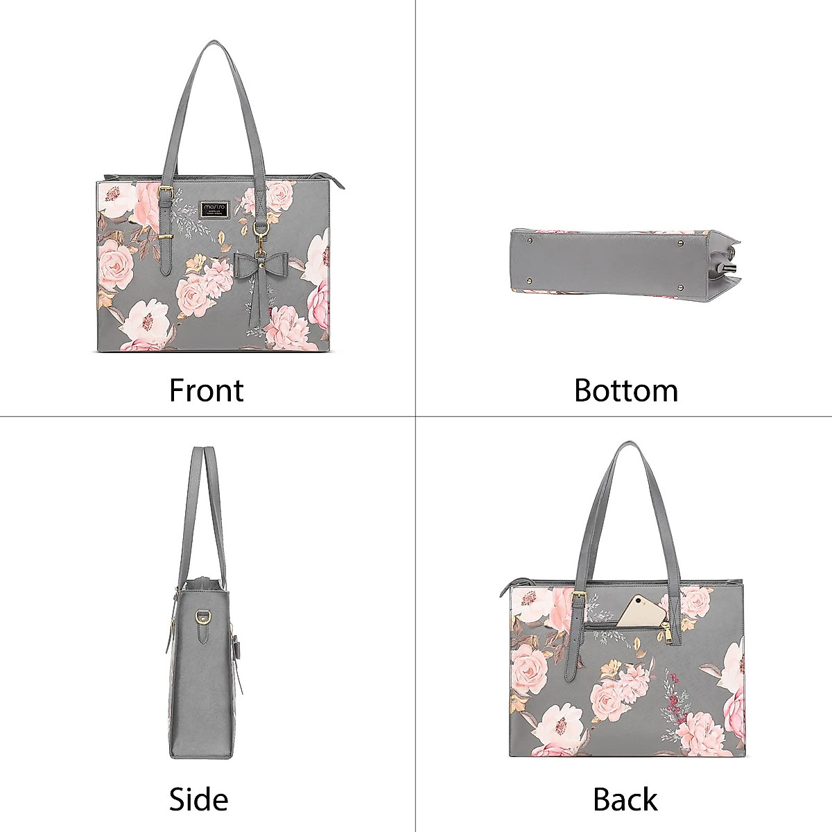 MOSISO Laptop Tote Bag Compatible with MacBook Air 15 inch M2 A2941/Pro 16 M3 M2 M1, 15-15.6 inch Notebook, Peony PU Leather Travel Work Briefcase with Detachable Bowknot & Small Purse, Grey