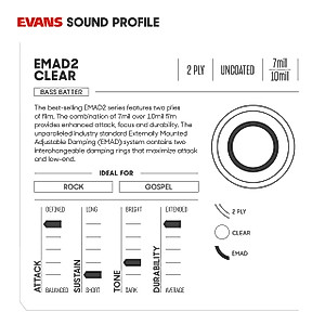 Evans EMAD2 Clear Bass Drum Head, 20” – Externally Mounted Adjustable Damping System Allows Player to Adjust Attack and Focus – 2 Foam Damping Rings for Sound Options - Versatile for All Music Genres