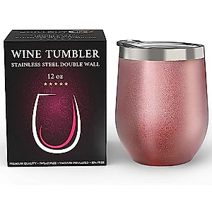 CHILLOUT LIFE 12 oz Stainless Steel Tumbler with Lid & Gift Box | Wine Tumbler Double Wall Vacuum Insulated Travel Tumbler Cup for Coffee, Wine, Cocktails, Ice Cream - Rose Gold Tumbler