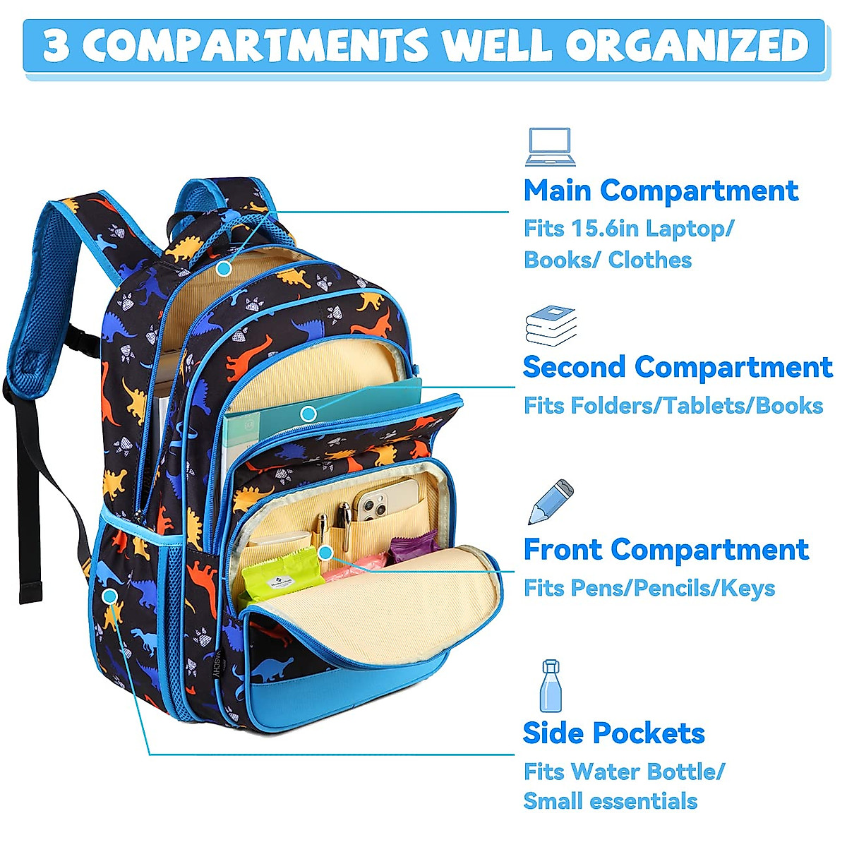 VASCHY School Backpack for Boys, 16in Water Resistant Backpack for Kids Preschool/Primary/Elementary School Bookbag with Tablet Sleeve Black Dino