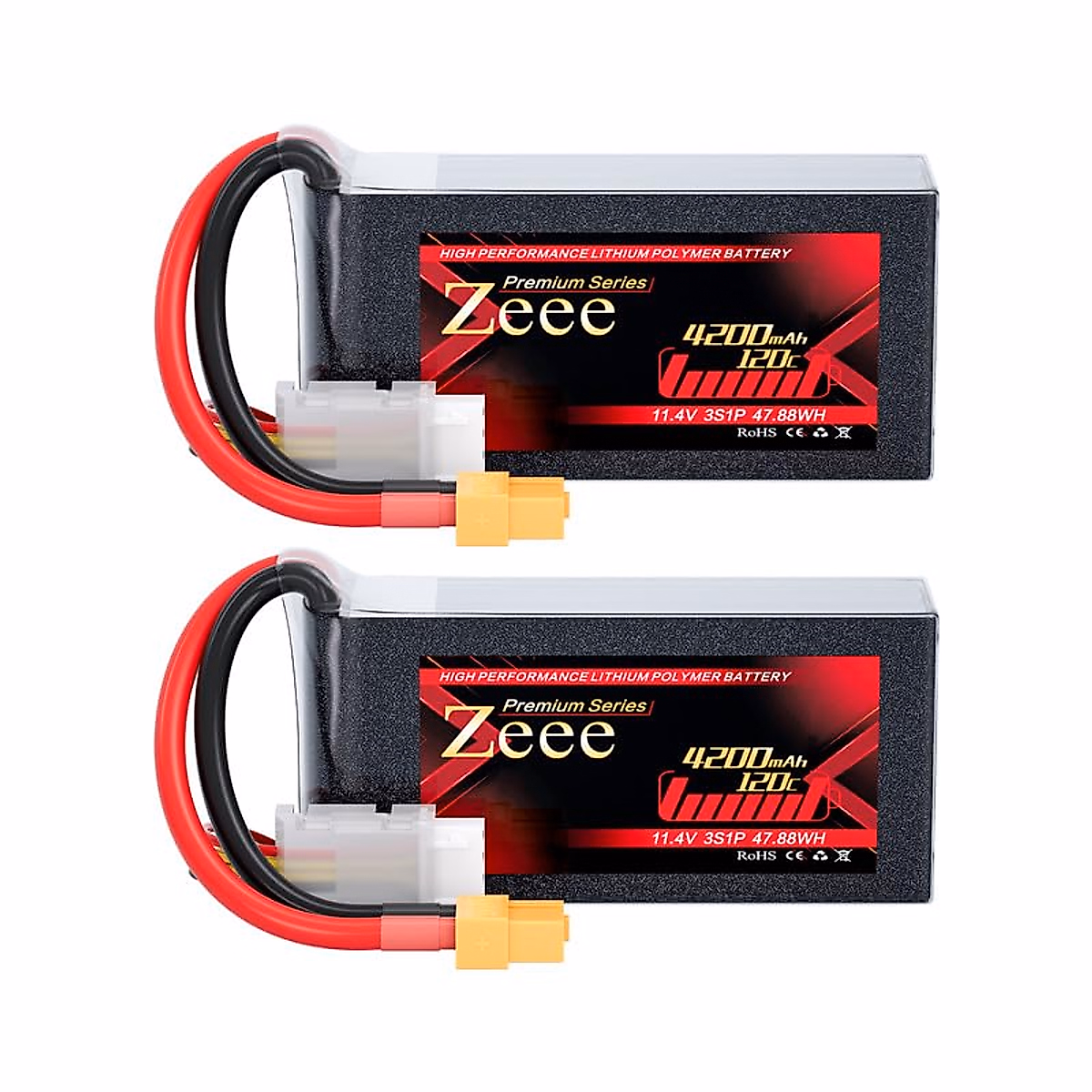 Zeee Premium Series 3S Lipo Battery 4200mAh 11.4V High Voltage Shorty Battery 120C with XT60 Plug Soft Case HV Lipo Compatible with Rock Crawler Helicopter Airplane Drone Boat Racing Models(2 Pack)