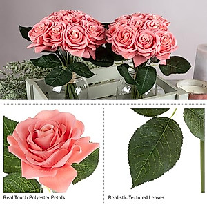 Pure Garden Rose Artificial Flowers - 18Pc Real Touch 11.5-Inch Fake Flower Set with Stems for Home Decor, Wedding, or Bridal/Baby Showers (Coral)