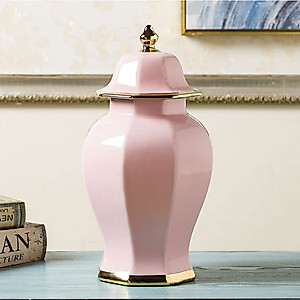 Handmade Pink Hexagon Ginger Jar Vase Ornament, Home & Living Room Decorative Jar, Gold-Plated Ceramic Temple Jar (Size : Large)