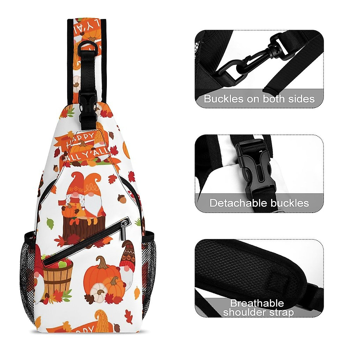 MoBlinko Sling Bag Cute Autumn Gnome Pumpkin Women Men Crossbody Bag Happy Fall Y'all Adjustable Sling Backpack Chest Bag for Hiking