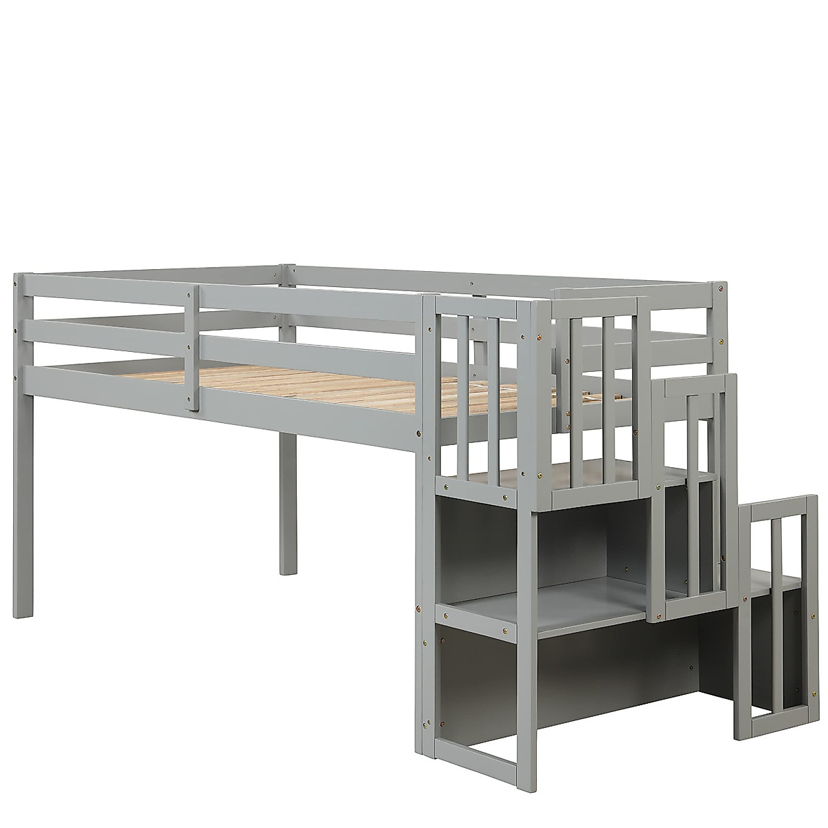 CITYLIGHT Low Loft Bed with Staircase,Twin Size Kids Loft Bed with Step Storage,Wood Loft Bed Frame Twin with Safety Guardrails for Girls, Boys,Grey