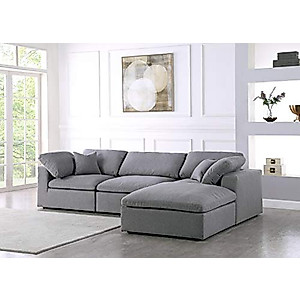 Meridian Furniture Serene Collection Modern | Contemporary Deluxe Comfort Modular Sectional, Soft Linen Textured Fabric, Down Cushions, 2 Corner + 1 Armless + 1 Ottoman, Grey