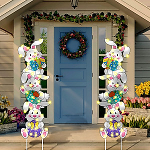2 Sets Tumbling Bunnies Yard Stakes 43.3 Inch Outdoor Easter Decorations Corrugated Plastic Funny Easter Yard Signs with 2 Warm LED String Lights 6 Stakes for Easter Outdoor Lawn Garden Decorations
