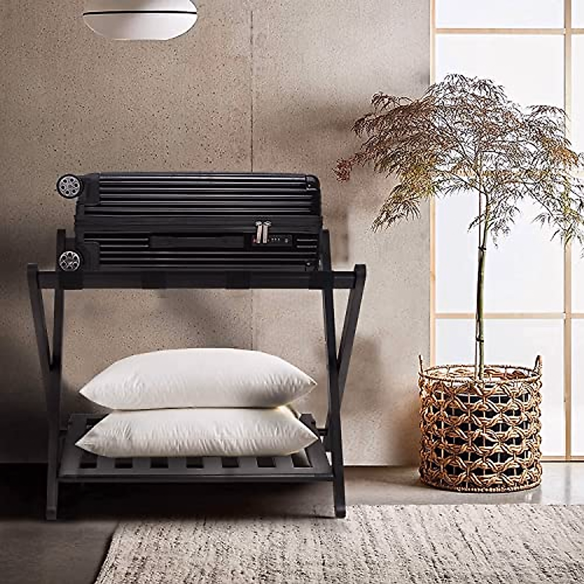 MYOYAY Folding Luggage Rack Bamboo Wood Collapsible Suitcase Stand with Shelf Portable Luggage Holder Ideal for Guest Room Bedroom Hotel, Black