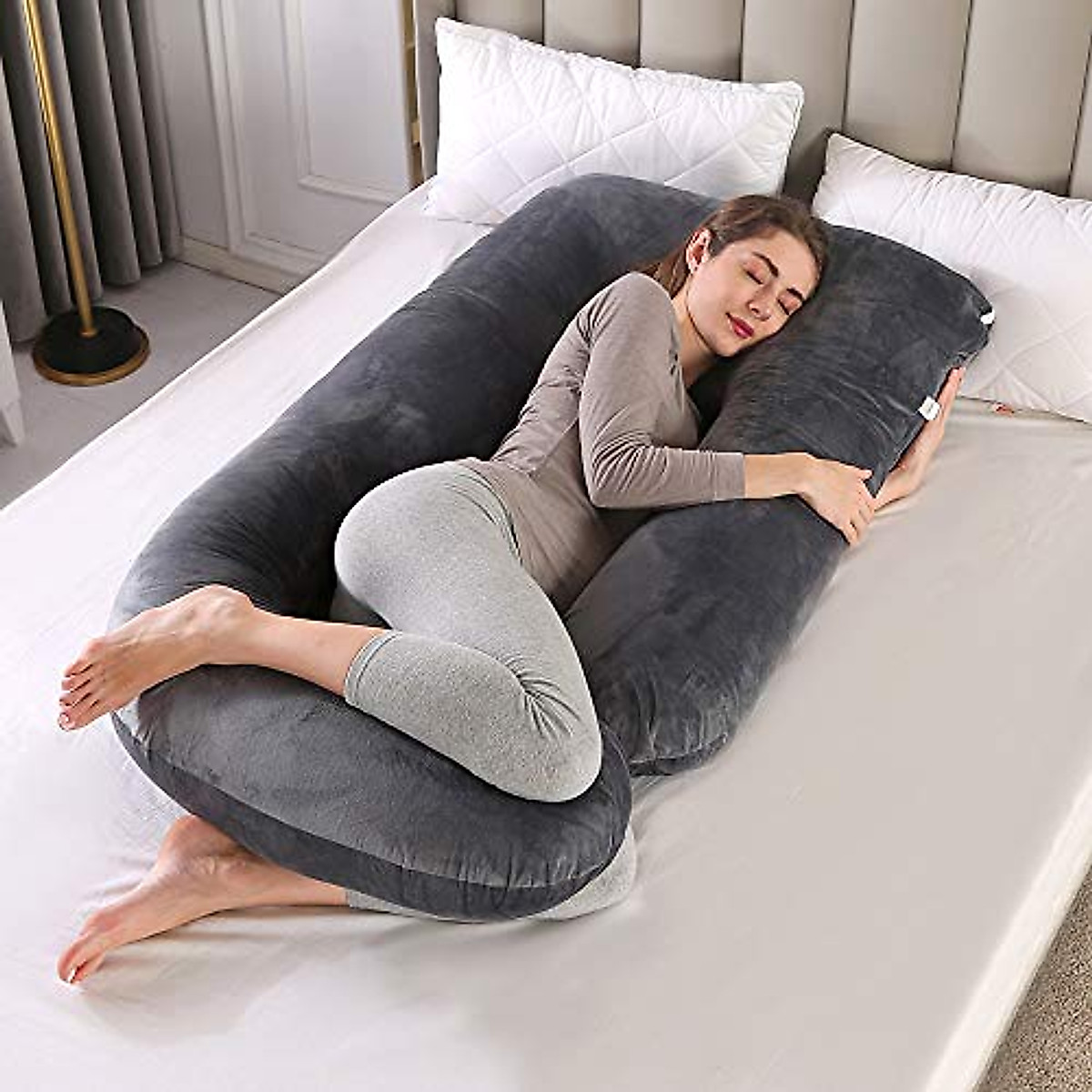 CDEN Pregnancy Pillow, J Shaped Full Body Pillow 57", Maternity Pillow Support for Back, Legs, Neck, HIPS for Pregnant Women with Removable Washable Velvet Cover(Darkgrey)